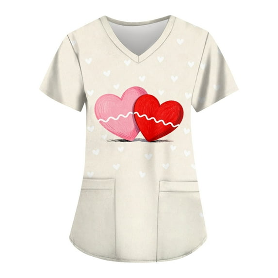 Garbnen Valentine Day Scrub Tops for Women Heart Pattern Short Sleeve V ...