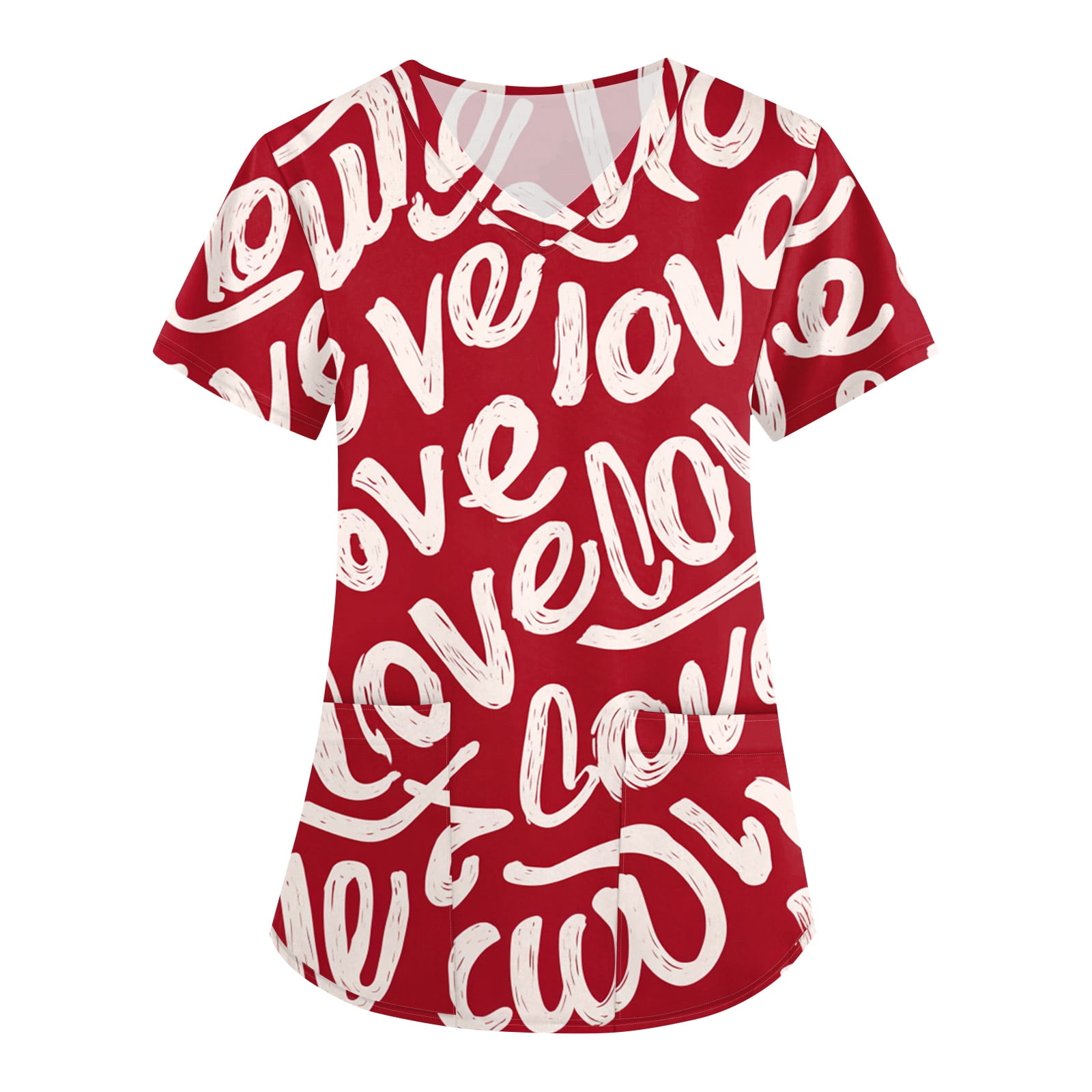 Garbnen Valentine Day Scrubs Love Heart Print Short Sleeve V Neck ...
