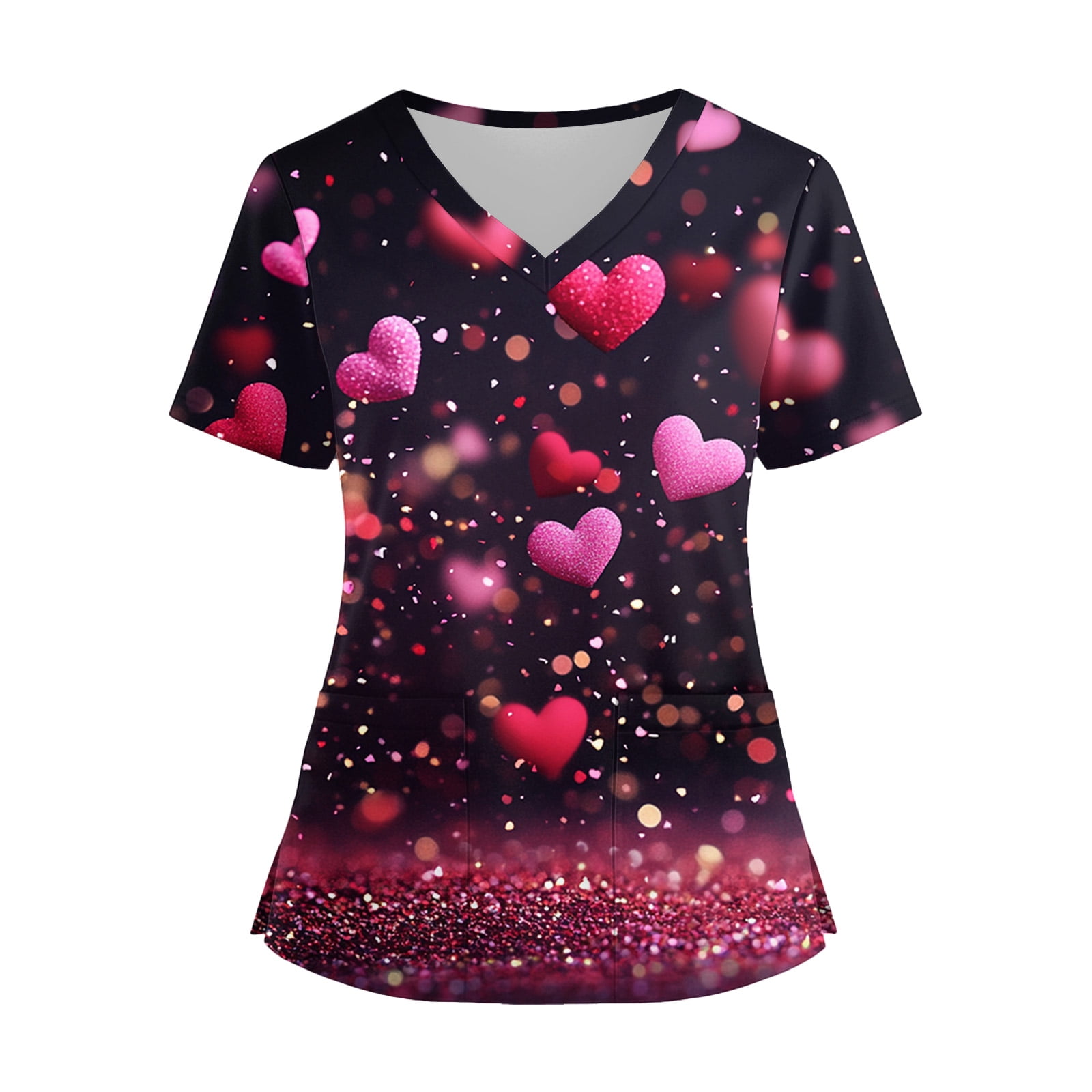 Garbnen Valentine Scrub Tops Plus Size Love Heart Pattern V Neck Short ...