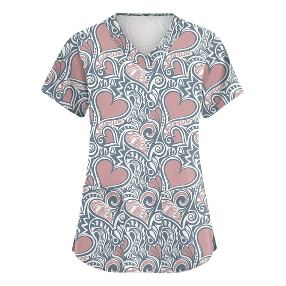 Garbnen Valentine Scrub Tops Plus Size V Neck Heart Pattern Short ...