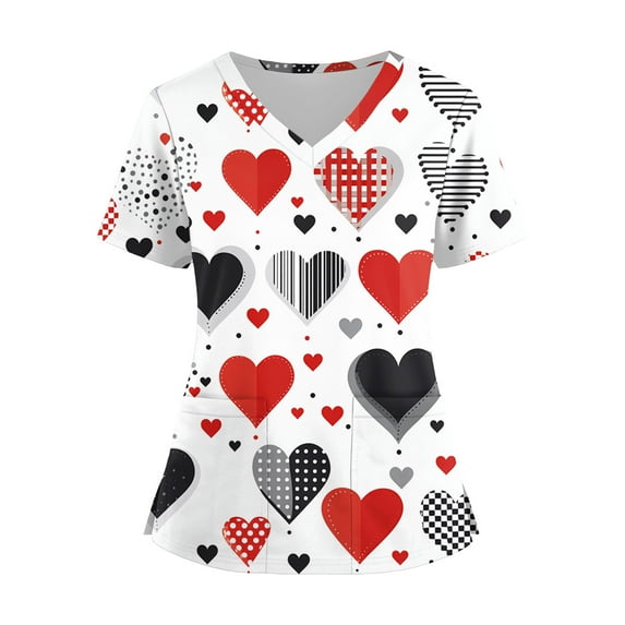 Garbnen Valentine Scrubs Plus Size Love Heart Pattern V Neck Short ...