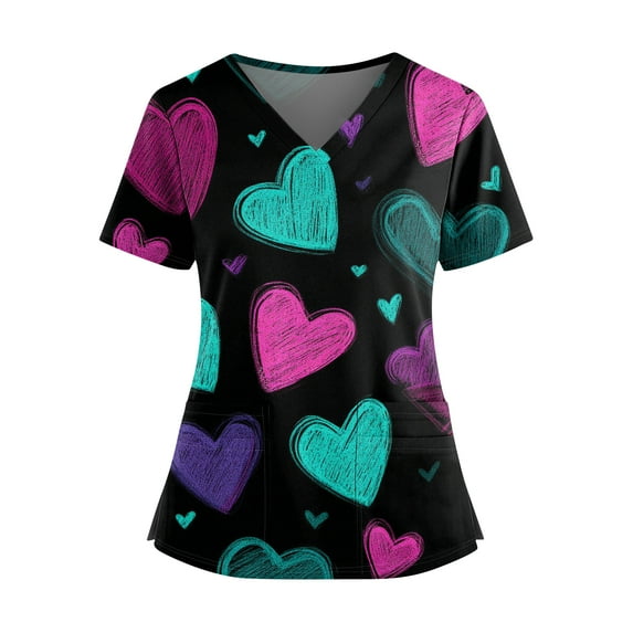 Garbnen Valentine Scrubs Short Sleeve V Neck Love Heart Pattern Nurse ...