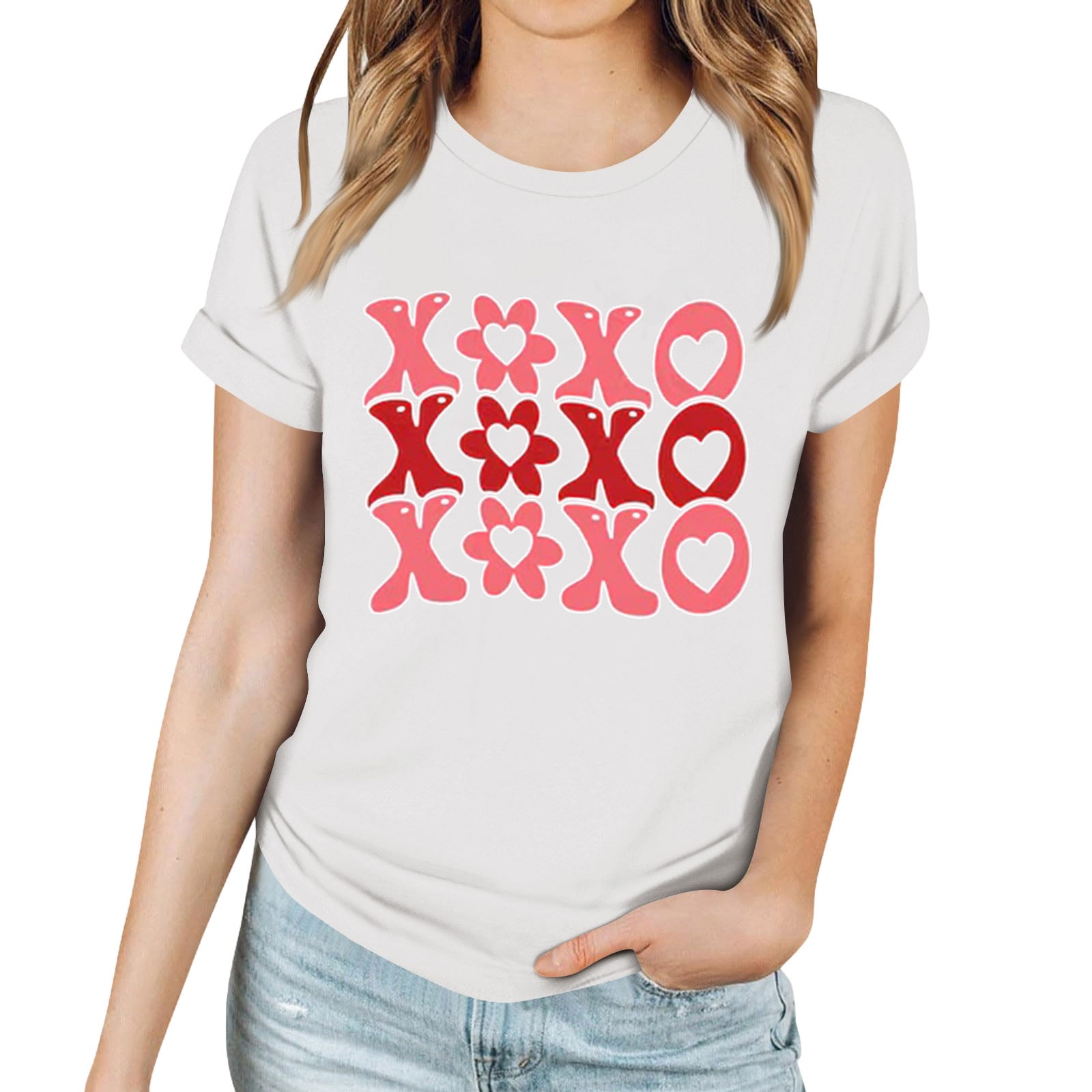 Garbnen Valentine's Day Tops for Women O Neck Love Heart Pattern Short ...