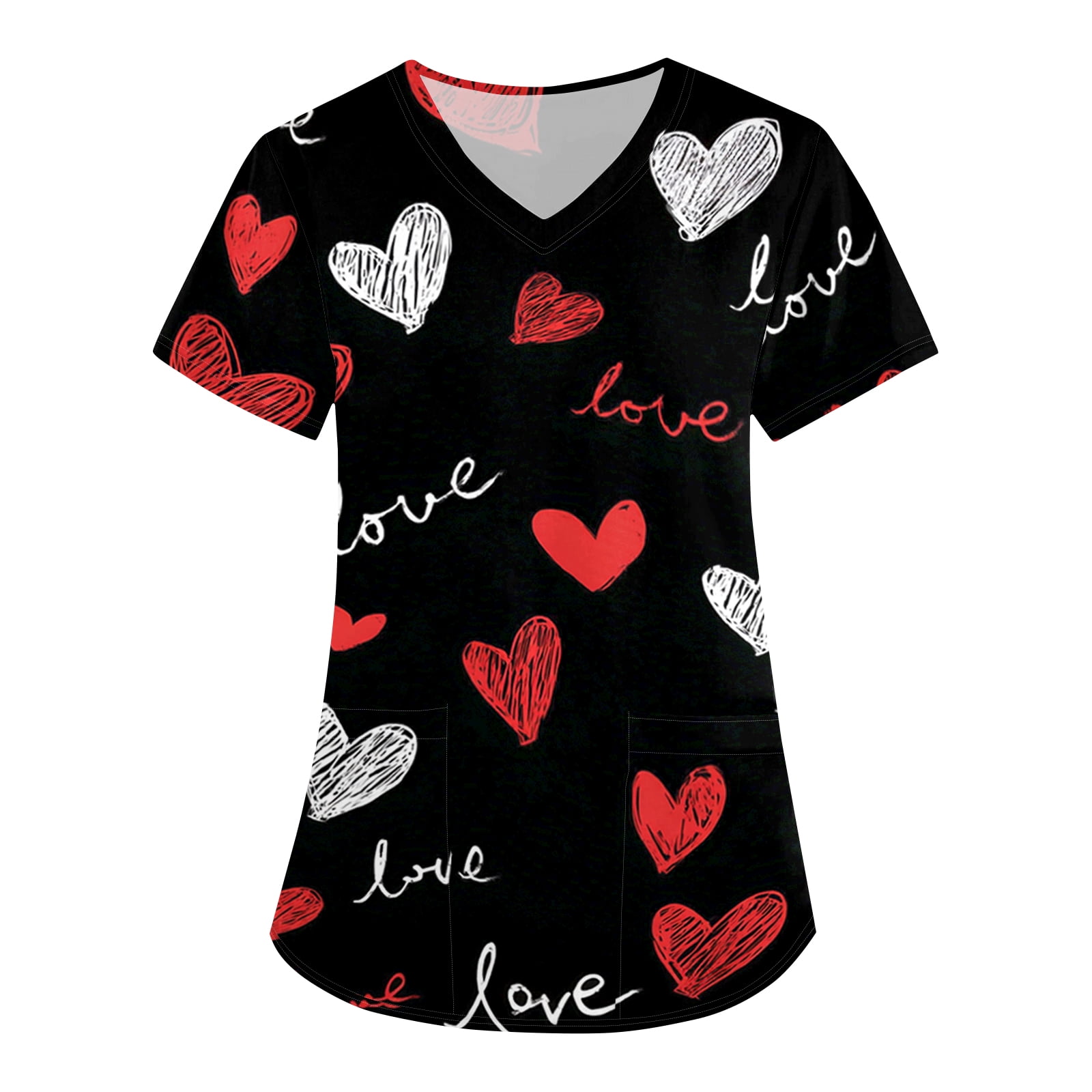Garbnen Valentines Day Scrub Tops Heart Printed Short Sleeve V Neck ...