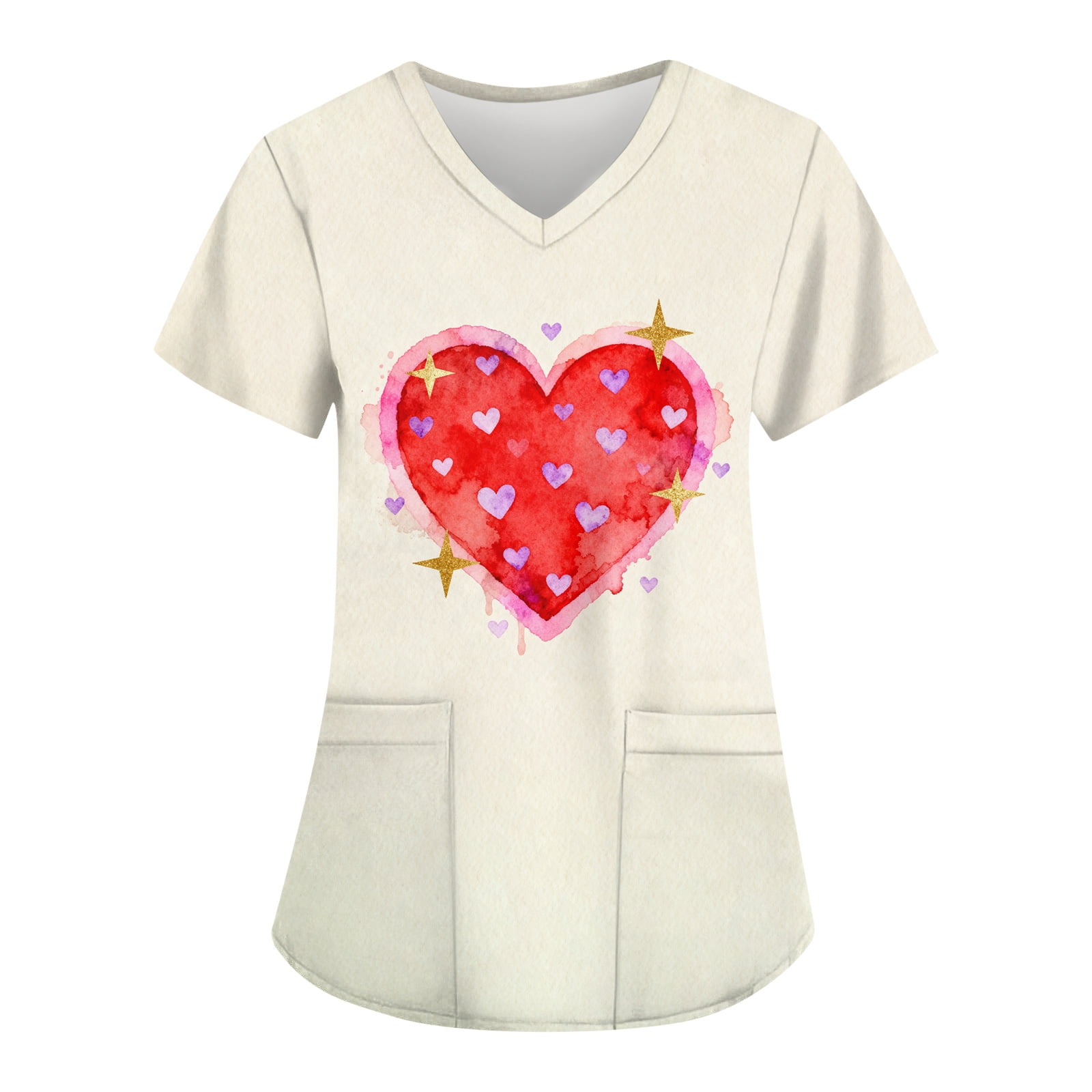 Garbnen Valentines Day Scrubs Heart Print Short Sleeve V Neck Workwear ...