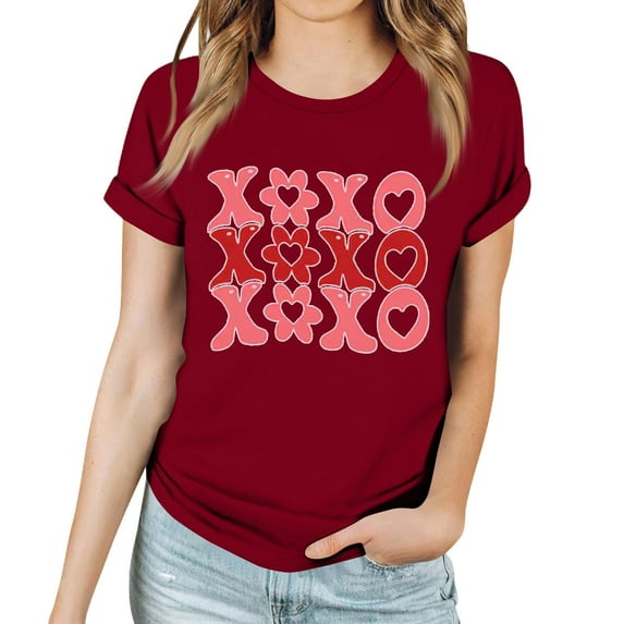 Garbnen Valentines Day Tops Women O Neck Love Heart Pattern Womens Tops ...