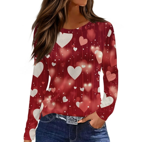 Garbnen Valentines Day Tops for Women Love Heart Pattern O Neck Women's ...