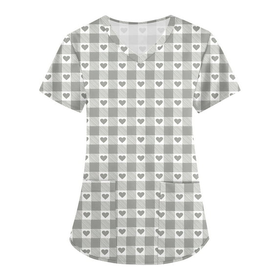 Garbnen Valentines Scrub Top Plaid Love Heart Pattern V Neck Short ...