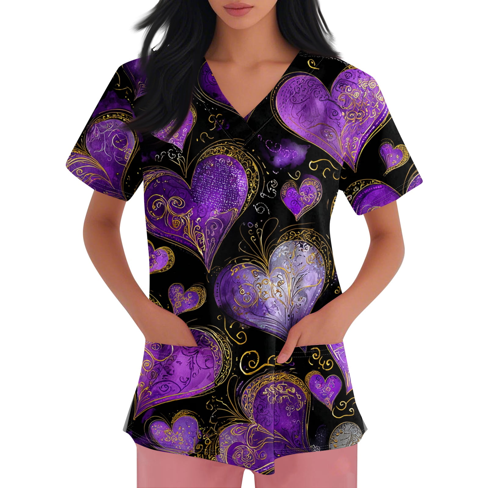 Garbnen Valentines Scrub Tops Women Heart Graphic Short Sleeve V Neck ...