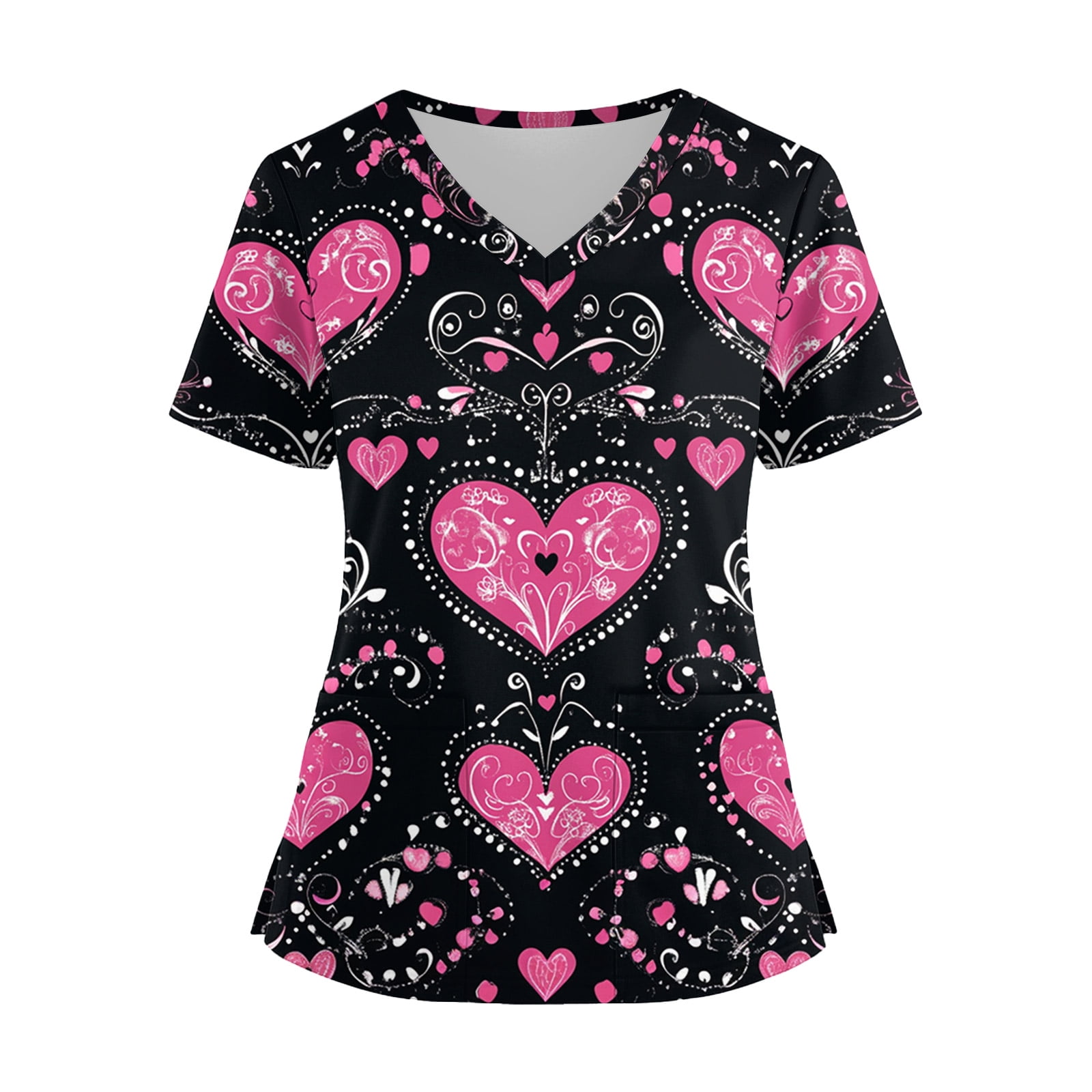 Garbnen Valentines Scrubs Plus Size Love Heart Pattern V Neck Short ...