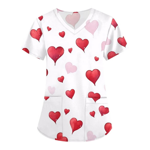 Garbnen Valentines Scrubs for Women Heart Printed Short Sleeve V Neck ...