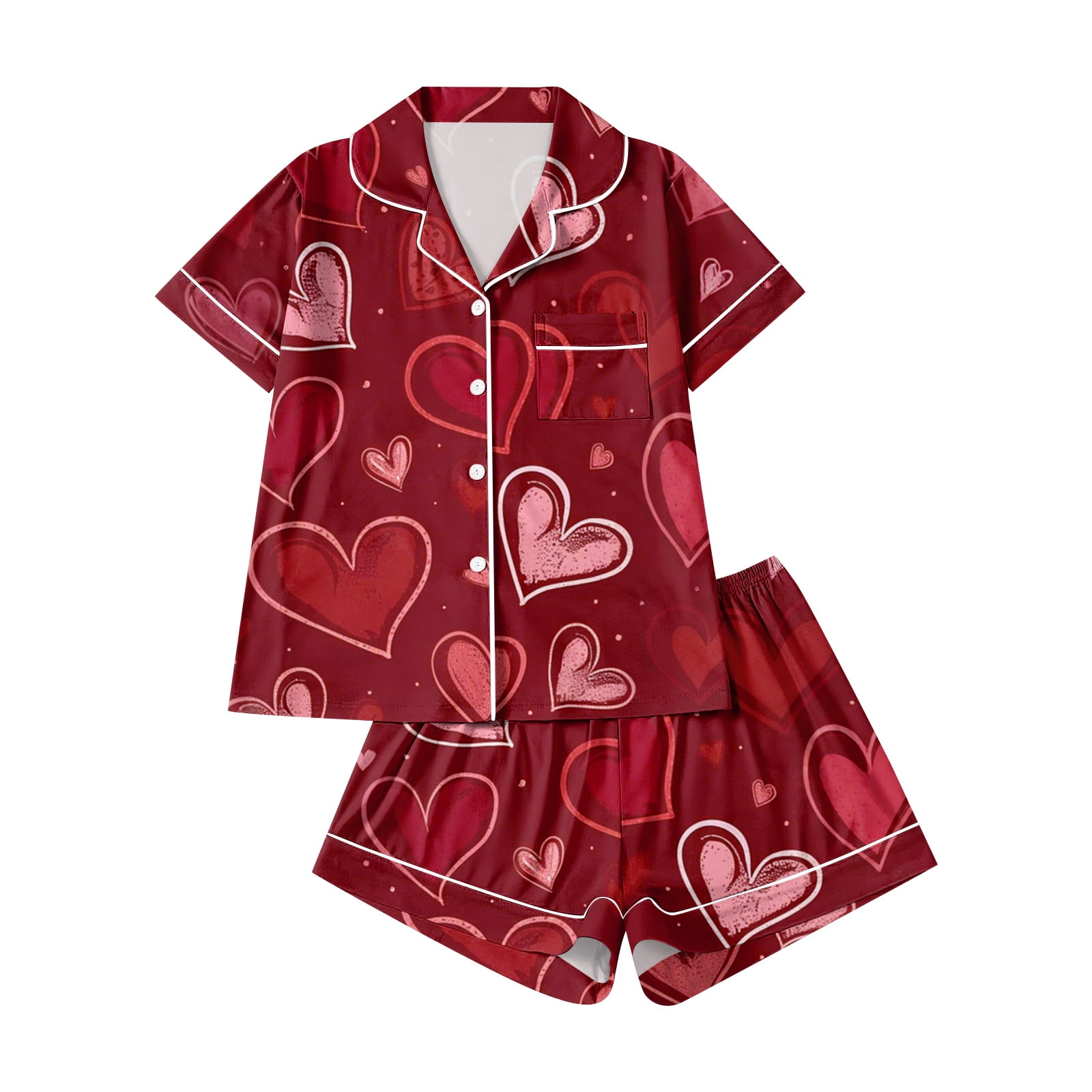 Garbnen Valentines Women's Pajama Sets Love Heart Print Button Up Short ...