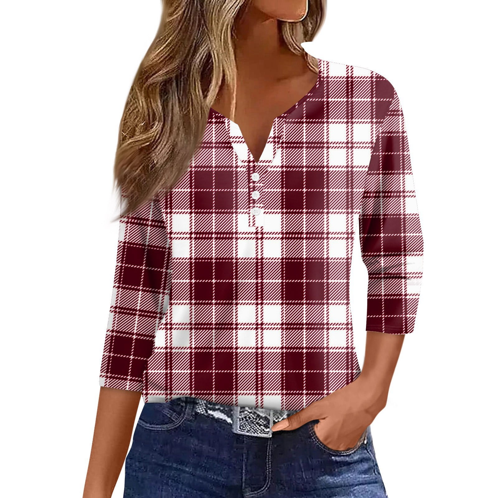 Garbnen Women Henley Tops Spring Summer Plaid Womens 3/4 Sleeve Shirts ...