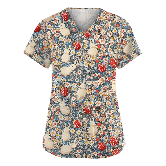 Garbnen Women Scrubs Top Easter Bunny Egg Nurse Uniform Plus Size V ...