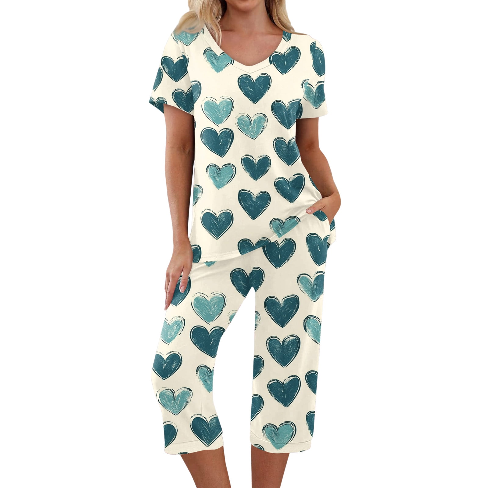 Garbnen Women Valentine Pajamas Set V Neck Capri Pants and Short Sleeve ...