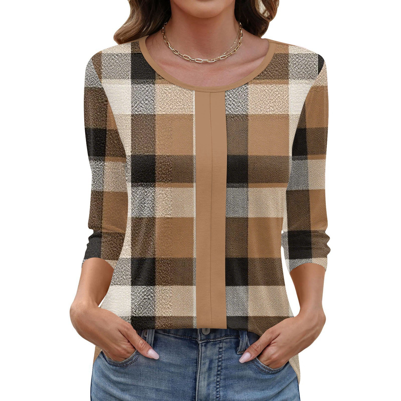 Garbnen Womens 3/4 Sleeve Tops Plaid Spring Summer Womens Crew Neck ...