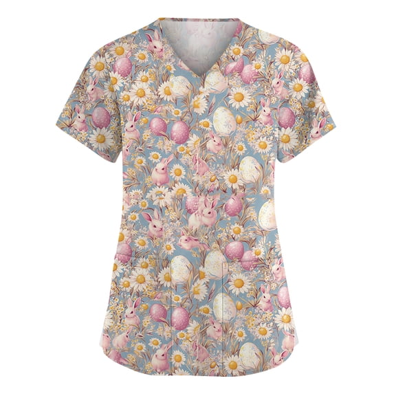 Garbnen Womens Scrubs Tops Easter Bunny Egg Nurse Uniform Short Sleeve ...