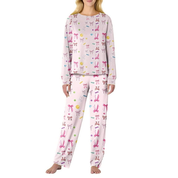 Garbnen Womens Valentines Pajamas Set Bow Print Crew Neck Long Sleeve ...