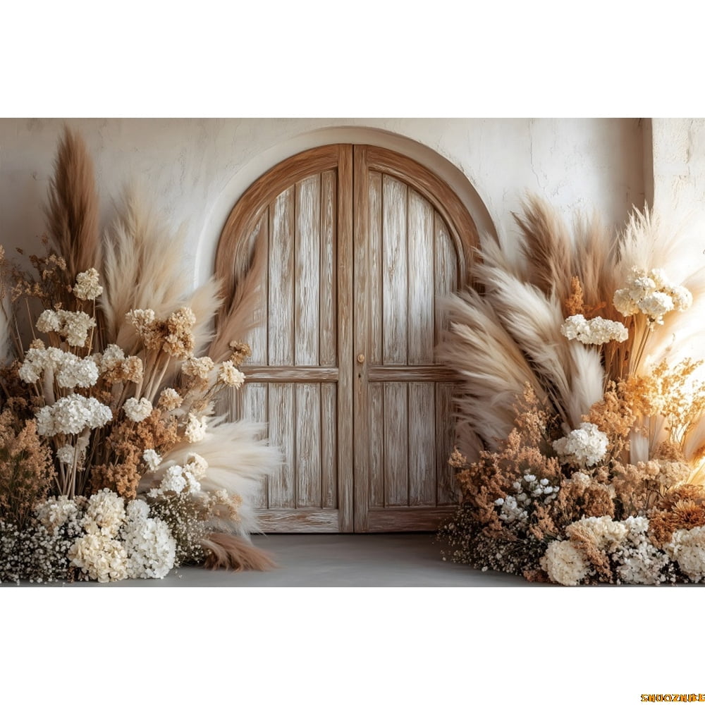 Gard Floral Photography Backdrop Arched Wood Door Dried Flowers Grasses ...