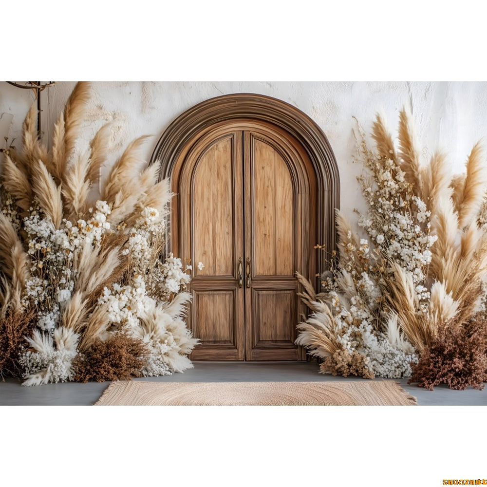 Gard Floral Photography Backdrop Arched Wood Door Dried Flowers Grasses ...