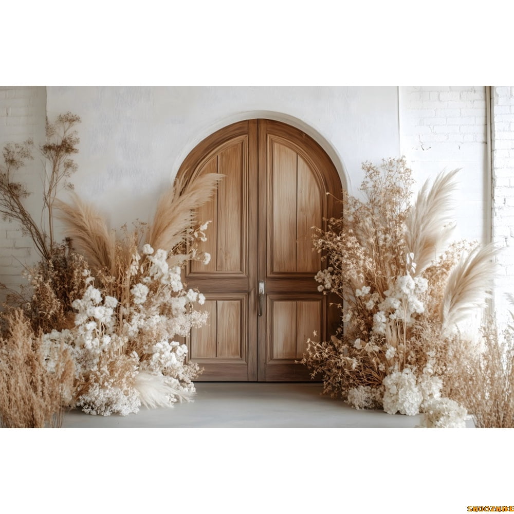 Gard Floral Photography Backdrop Arched Wood Door Dried Flowers Grasses ...