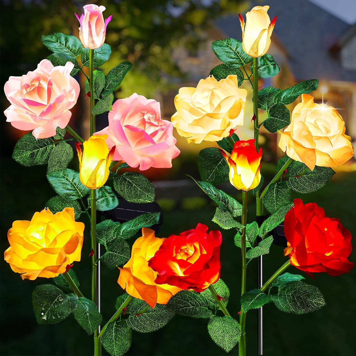 Garden 4 Pack LED Solar Flower Lights with Larger & More Realistic Rose ...
