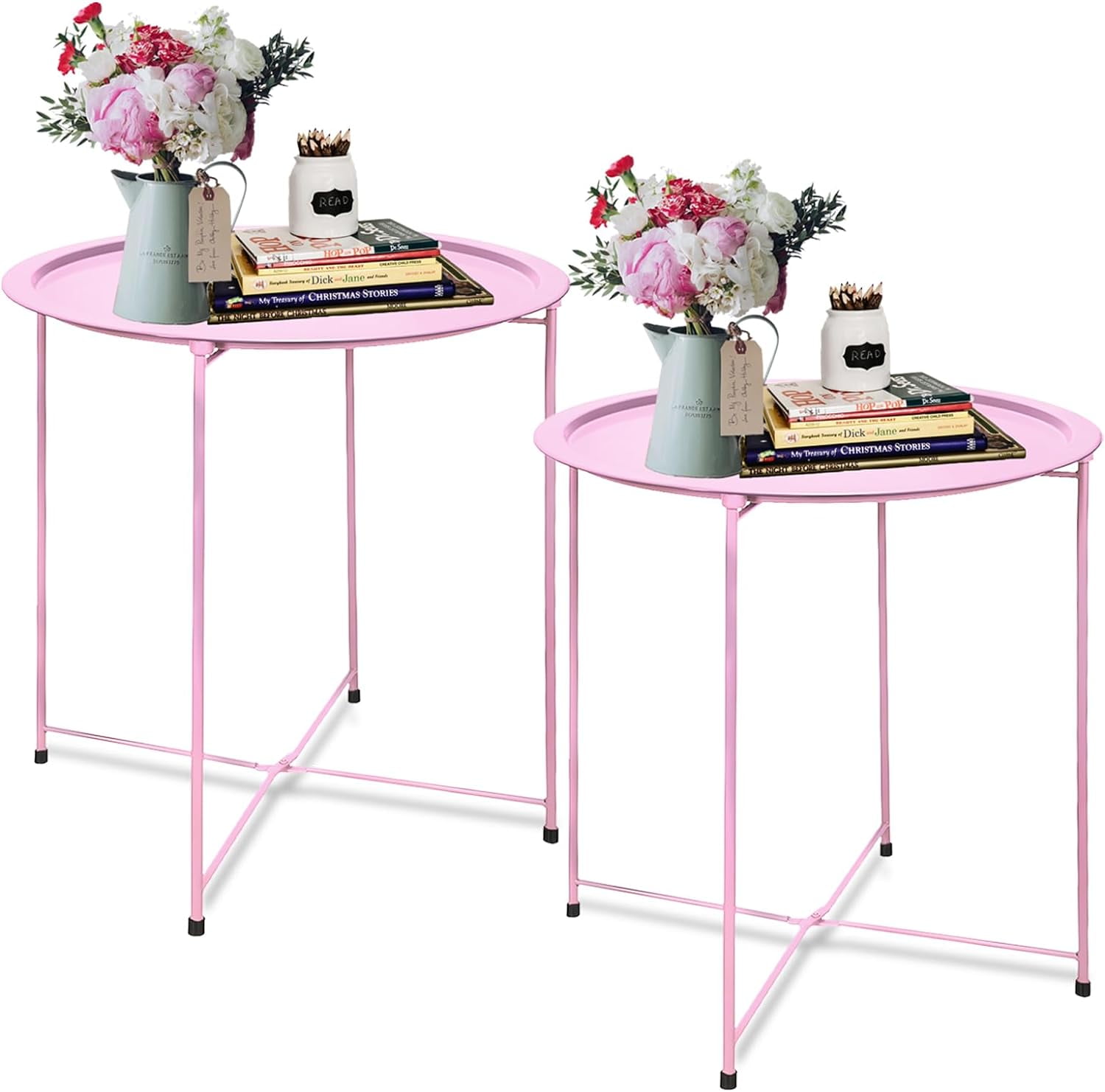 Dueatib Indoor Outdoor Modern Folding Metal Round End Table, Pink (Set ...