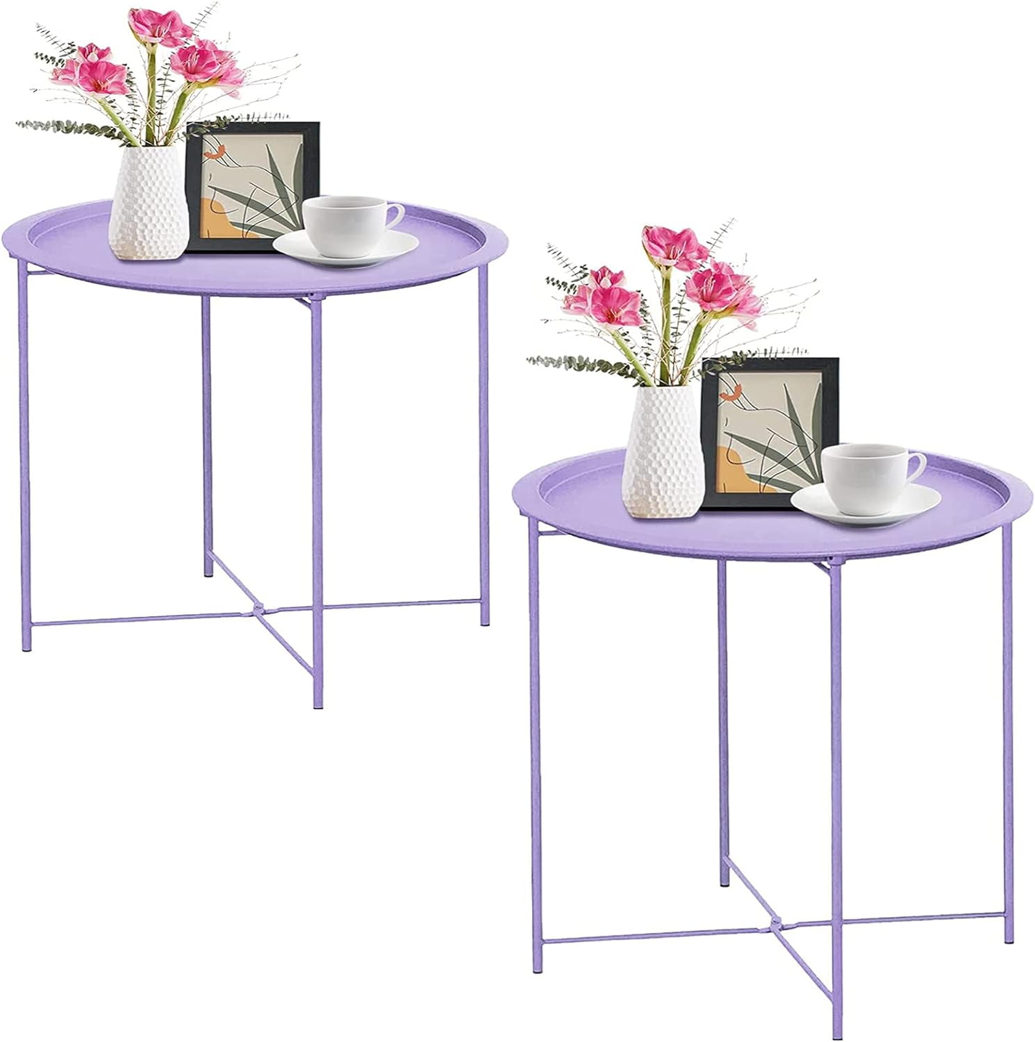 Garden 4 you Folding Tray Metal Side Table 2PC Purple Round End Table ...