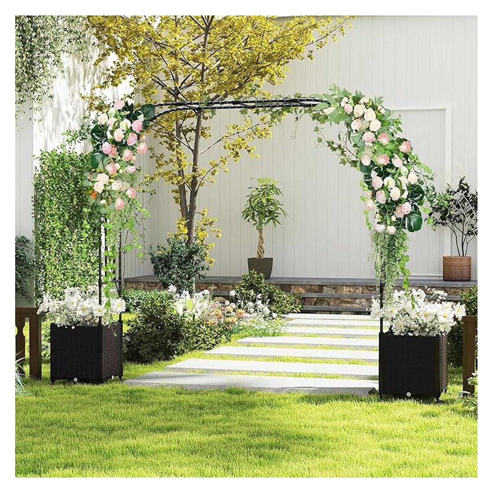 Garden Arch Arbor Trellis, 6.6ft Metal Plant Trellis with 2 Planter ...