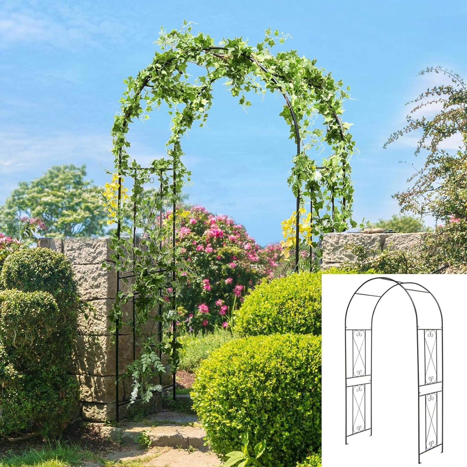 Garden Arch Arbor Trellis, 7.2Ft Outdoor Steel Arbor with Stakes, Metal ...