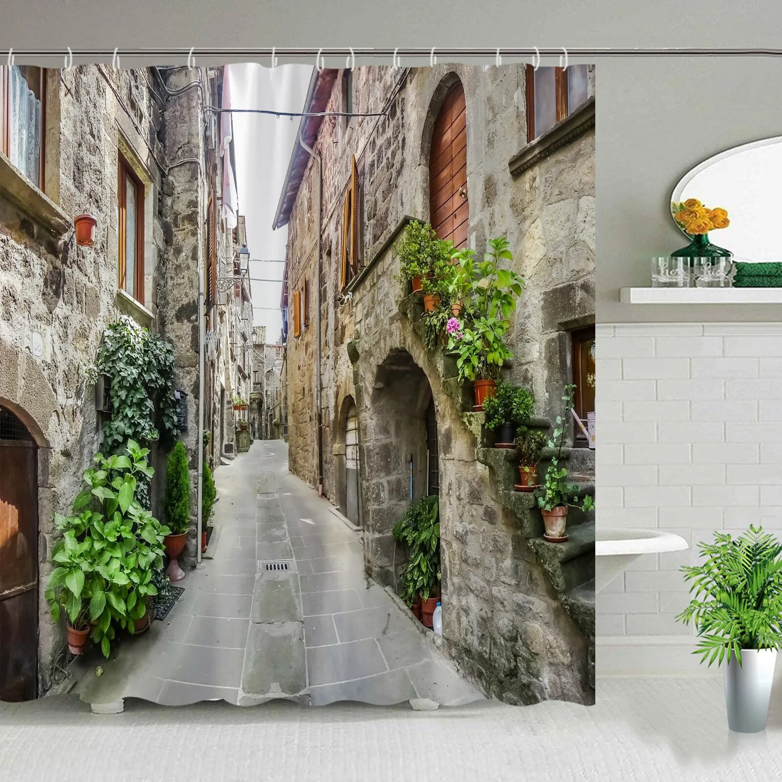 Garden Architecture Outdoor Shower Curtains Windy Towns Floral Windows ...