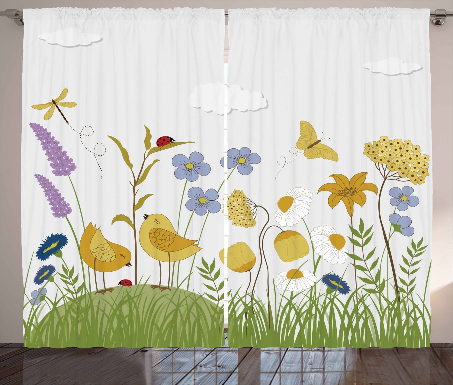Garden Art Curtains 2 Panels Set, Artistic Hand-Drawn Sketch of Lively Summer Garden with Birds ...