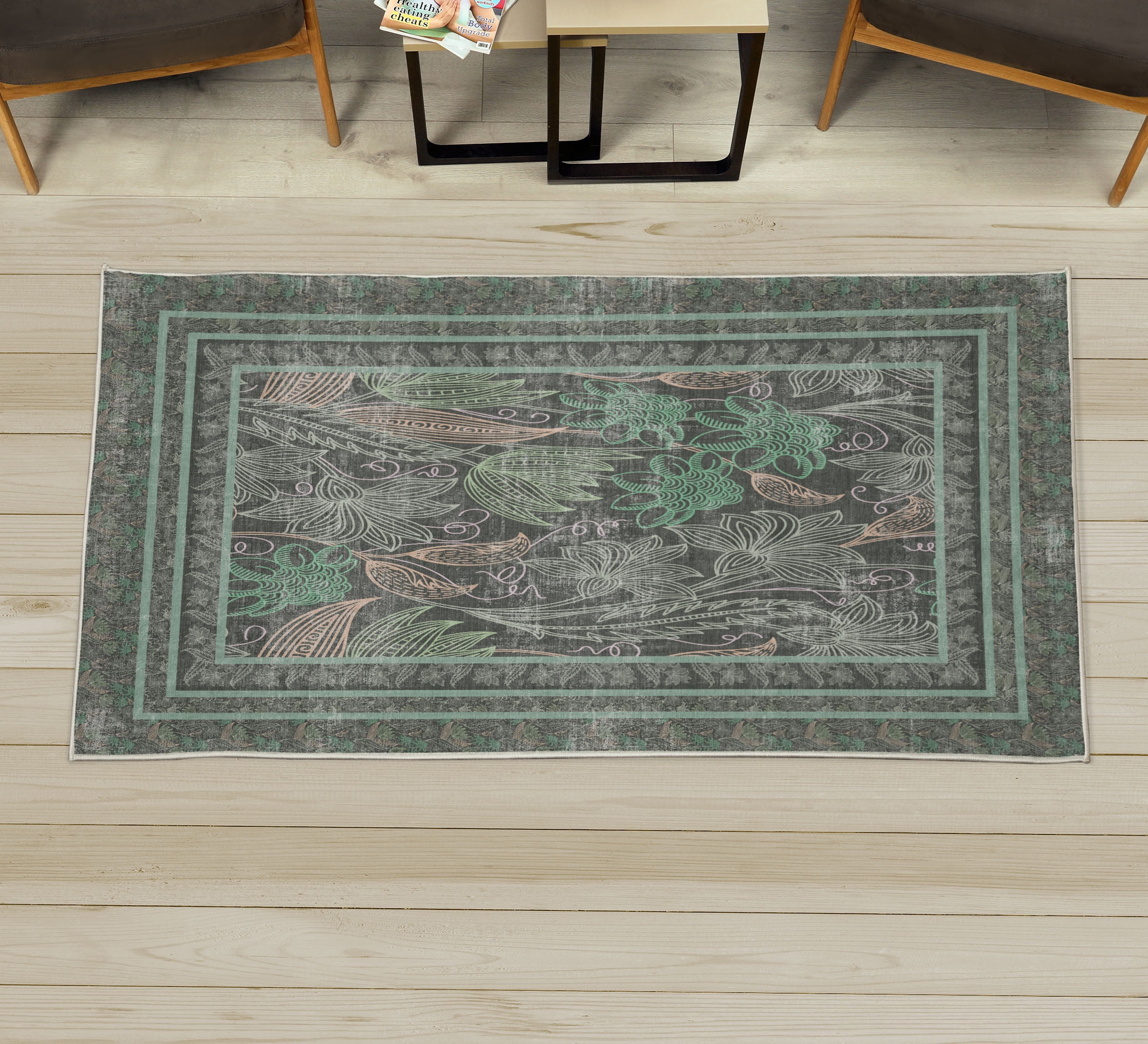 Garden Art Decorative Rug, Line Art Flowers Wild Meadow Blooms Nature ...