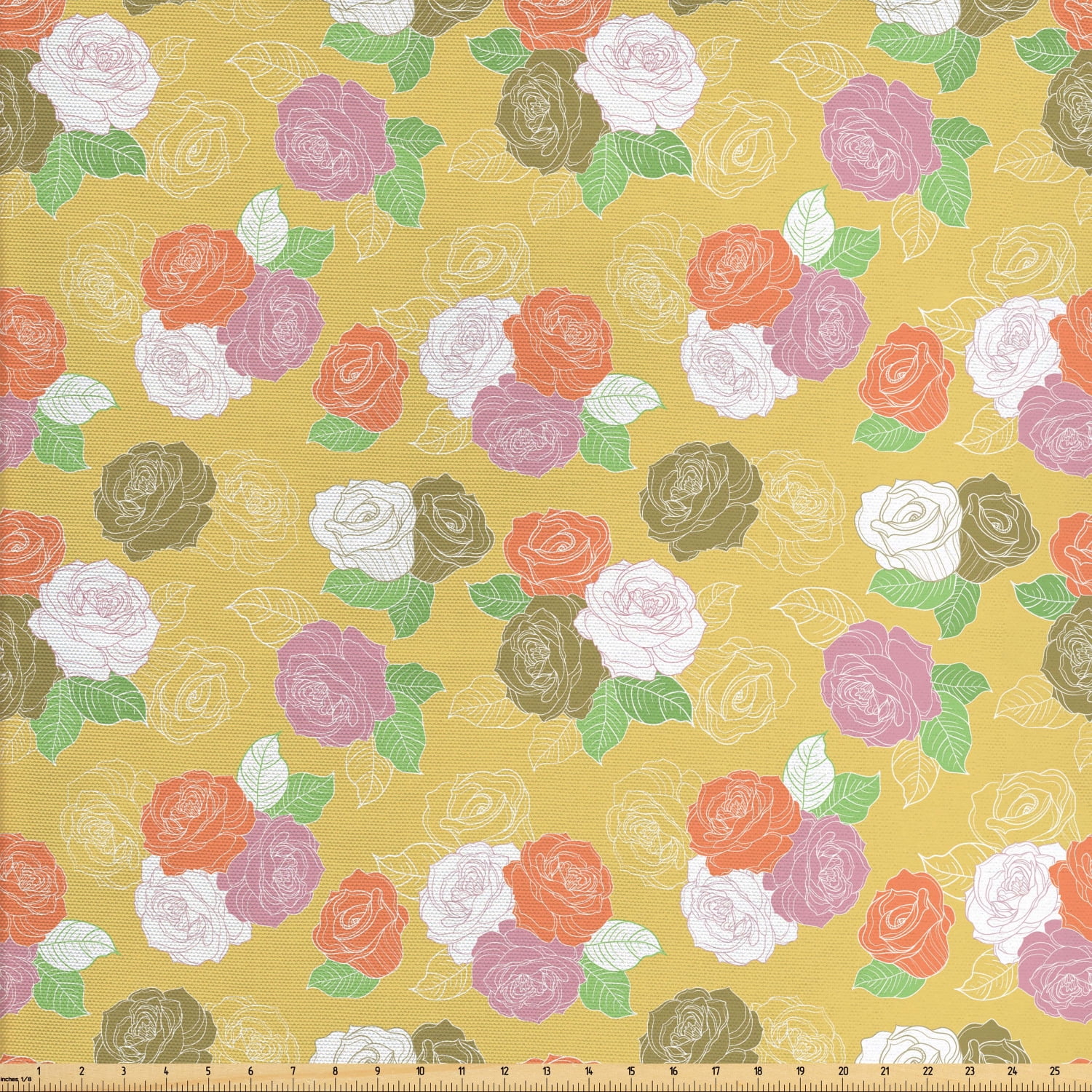 Garden Art Fabric by the Yard, Romantic Colorful Rose Blooms on Yellow ...