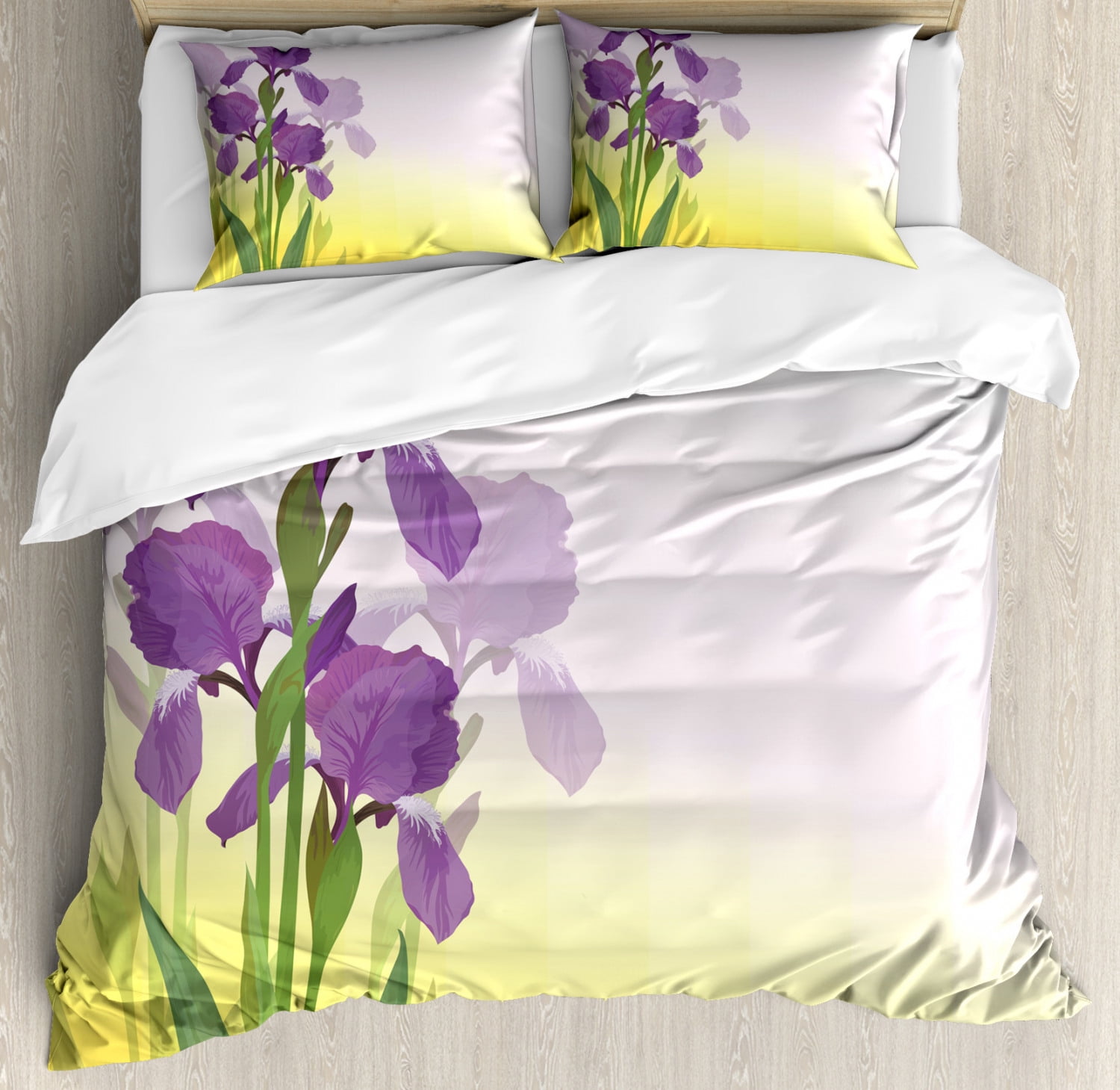 Garden Art Queen Size Duvet Cover Set, Flowers of Iris with Green Leaves Gardening Plants Spring ...