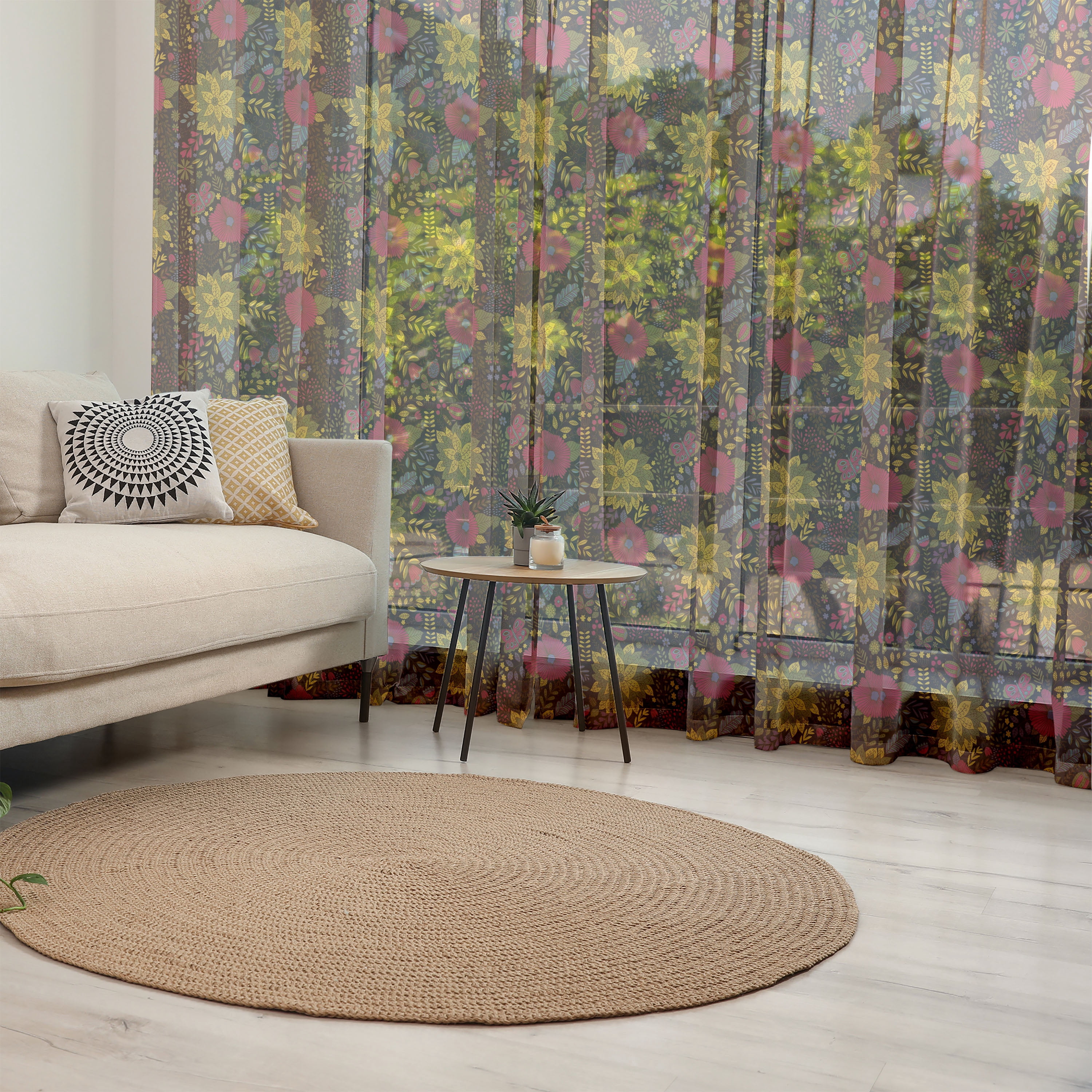 Garden Art Tulle Curtains with Rod Pocket, Botany Inspired Illustration ...