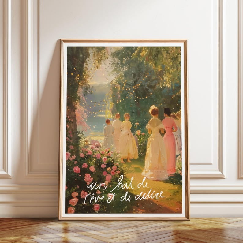Garden Ball By The Sea Wall Art – Dreamy Coastal Rococo Art Print – Feminine Lantern-Lit Rose ...