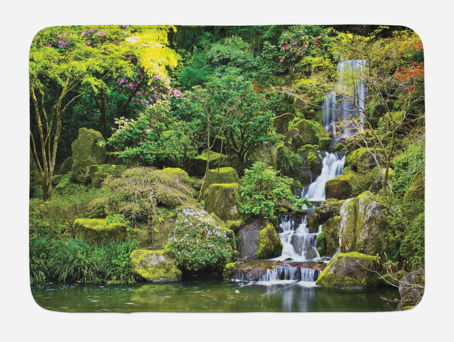 Garden Bath Mat, Pond in Asian Style Garden Arboretum Trees Bush ...