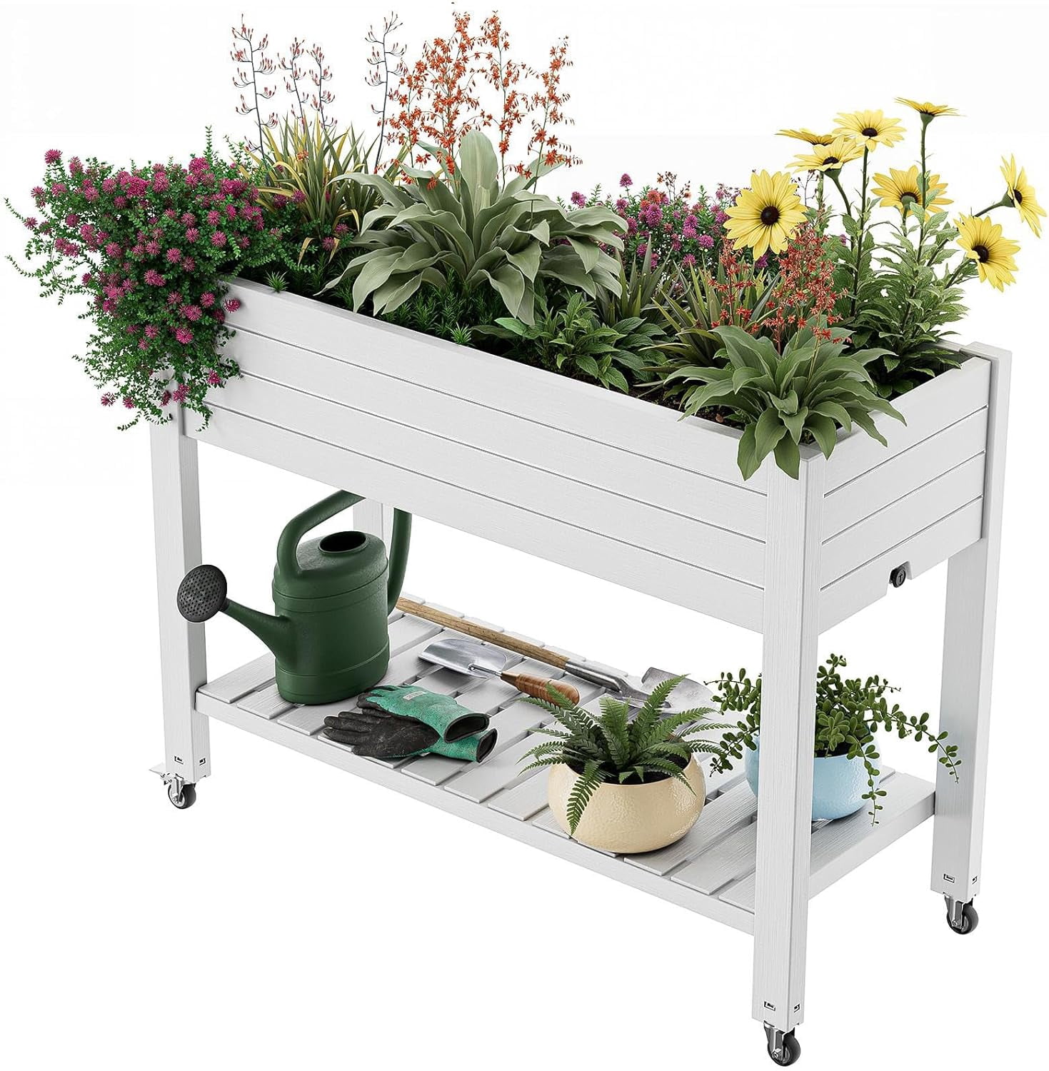 Garden Beds Outdoor,Elevated Planter Box with Lockable Wheels,Resin ...
