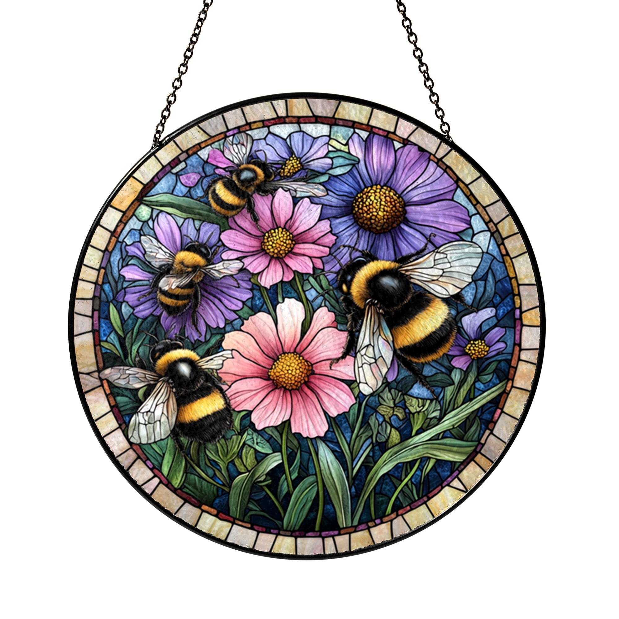 Garden Bees and Blooming Flowers Stained Glass Window Hanging, Floral ...