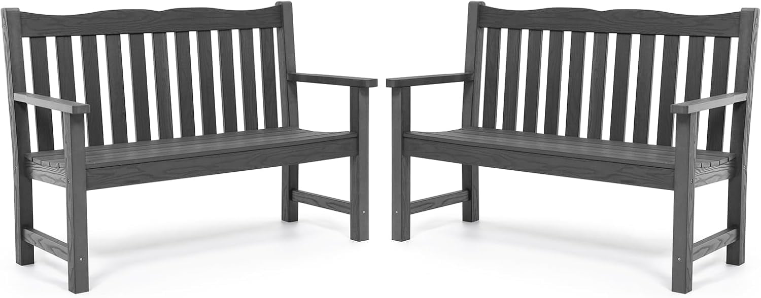 Garden Bench 2-Person White Outdoor Bench All-Weather HIPS Patio Bench ...