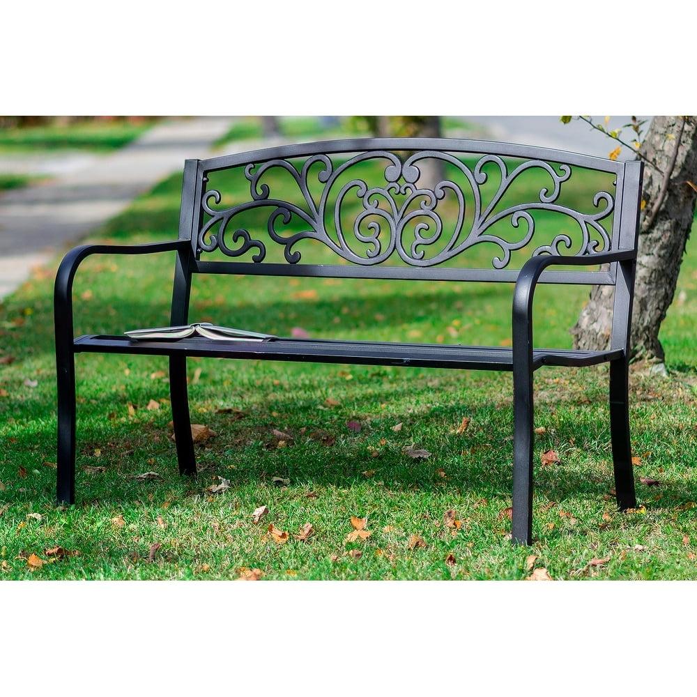 Elegant Black Garden Bench for Outside Patio Yard, with Scroll Backrest ...