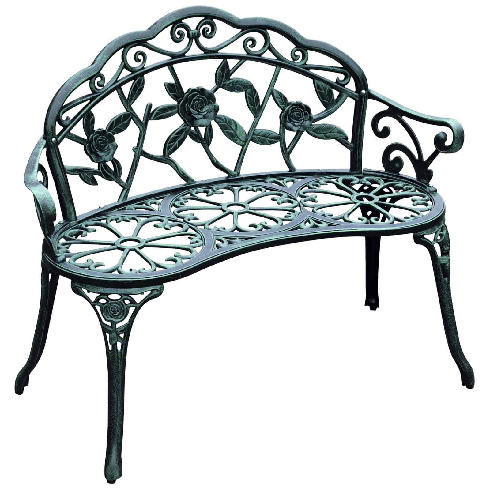 Garden Bench Chair Floral Rose Design, Antique Green Cast Aluminum ...