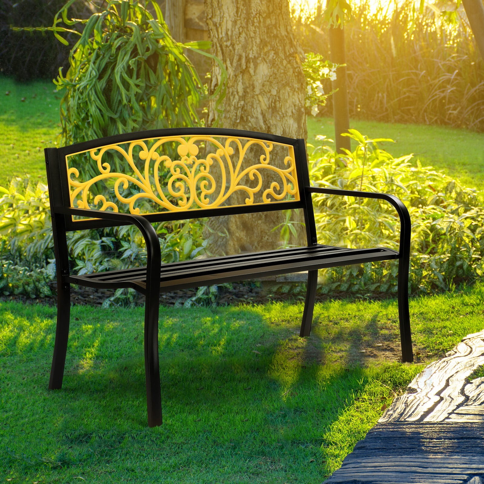 Garden Bench Metal Patio Bench Outdoor Porch Park Bench Cast Iron ...