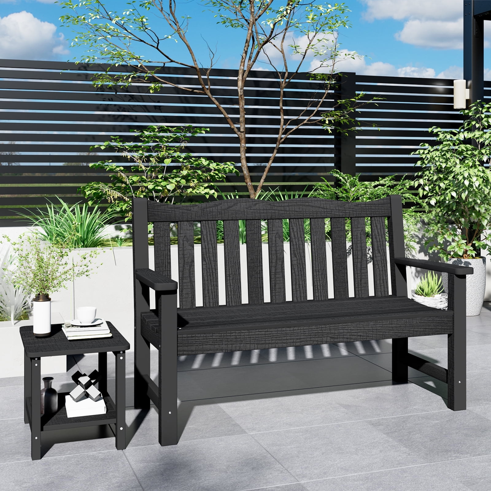 Garden Bench with Side Table, 49.2" All Weather 2-Person Patio Bench ...