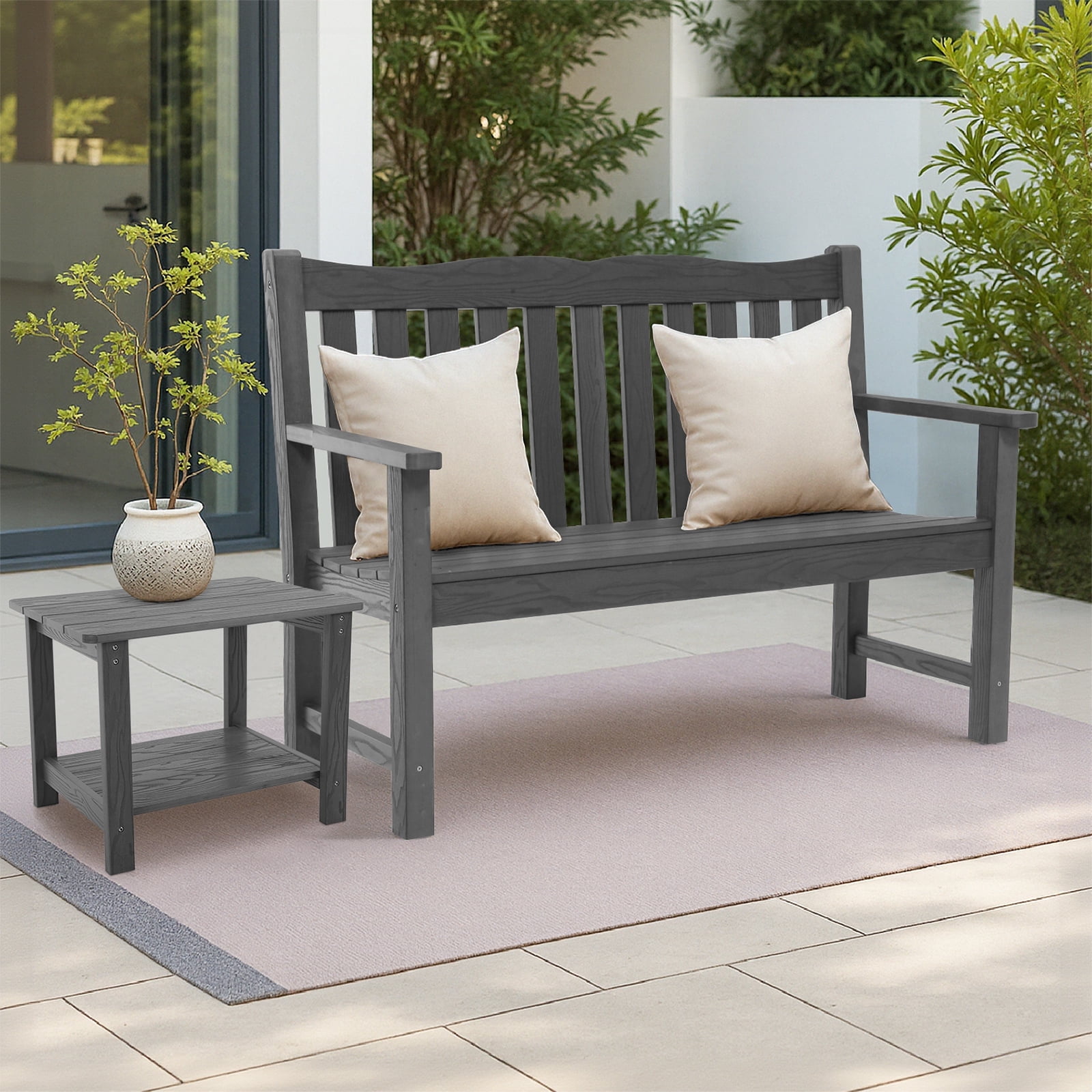 Garden Bench with Side Table, 49.2" All Weather 2-Person Patio Bench ...
