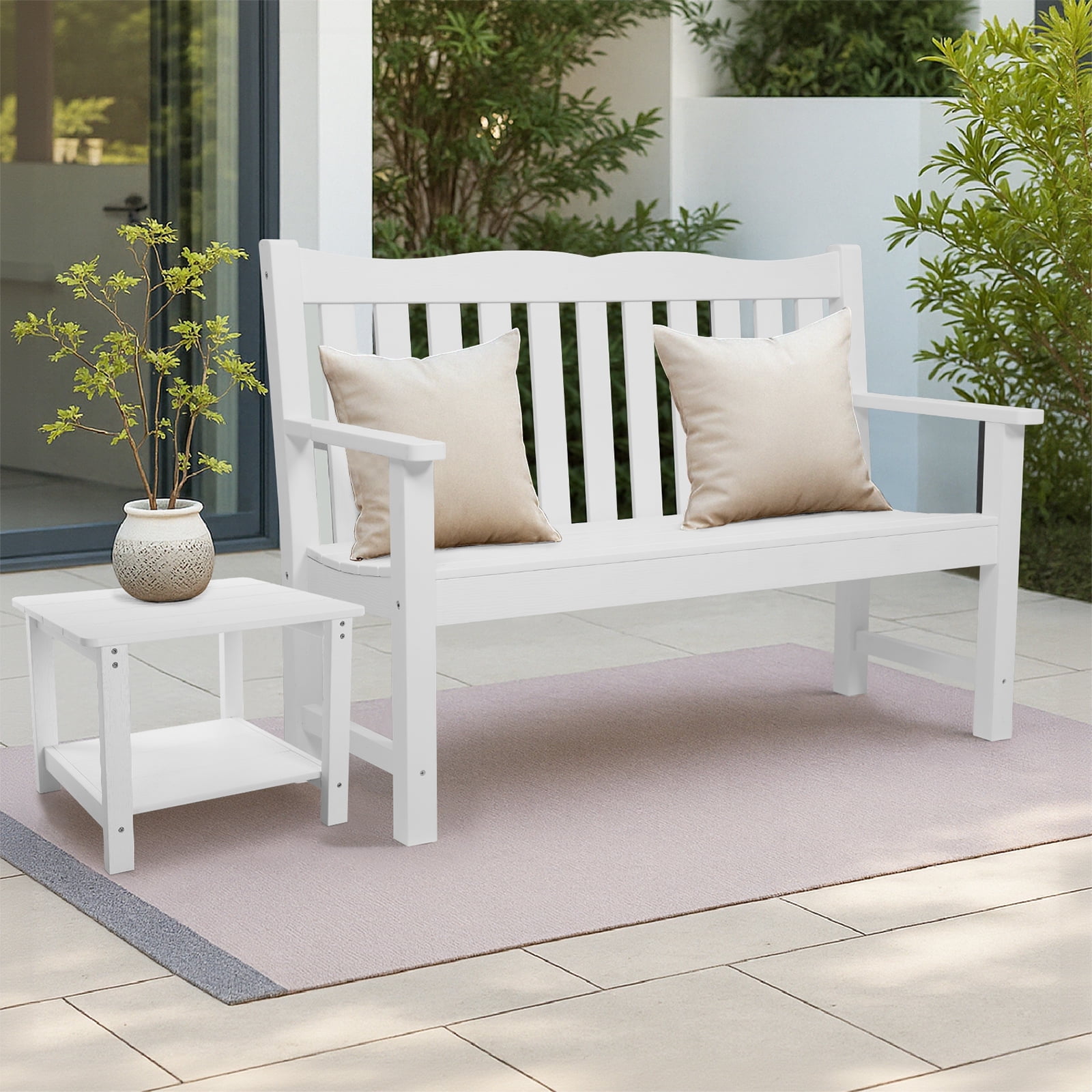 Garden Bench with Side Table, 49.2" All Weather 2-Person Patio Bench ...