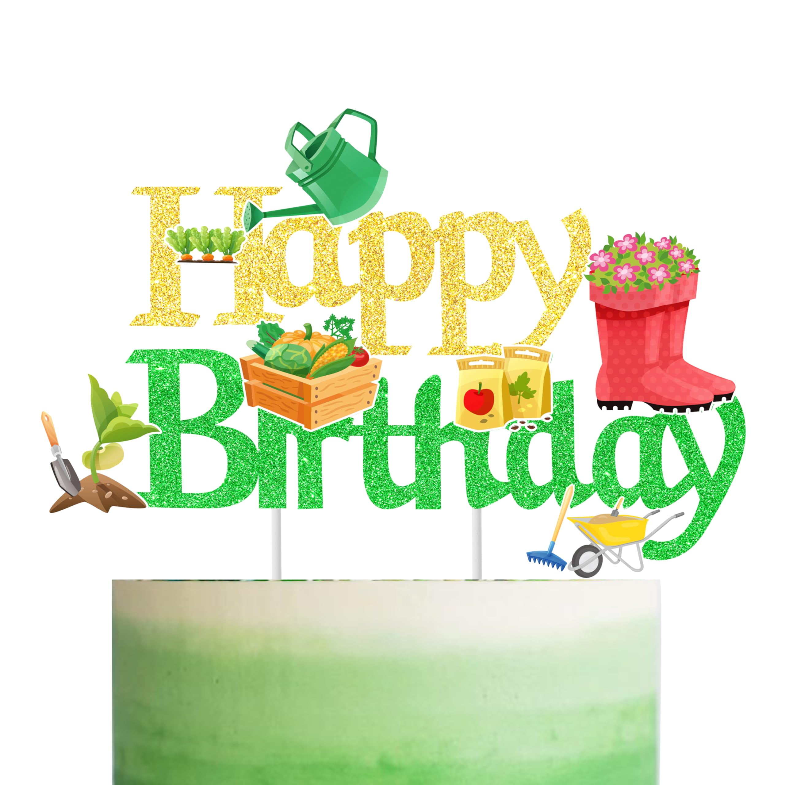 Garden Birthday PartyTRDN Cake Topper Green Glitter Happy Birthday Cake ...