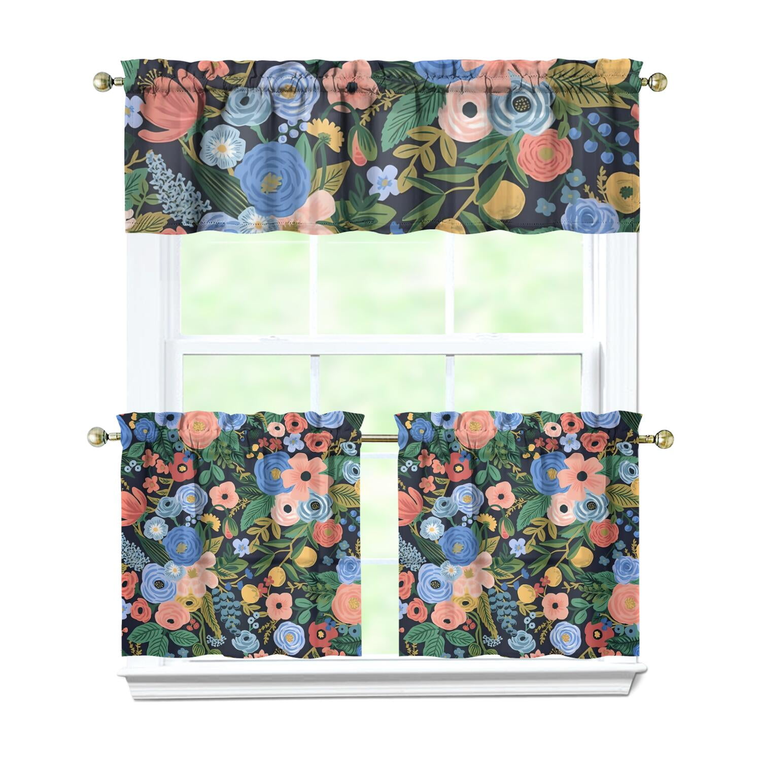Garden Bloom Kitchen Curtains Set - 3 Piece Tier Curtains with Valance ...
