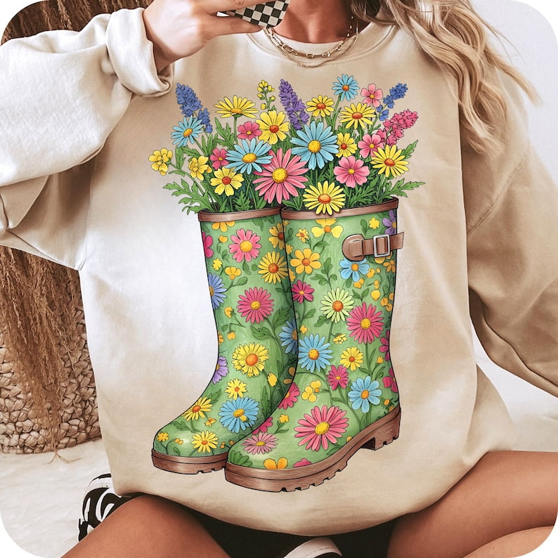 Garden Boots Clipart Sweatshirt, Hello Spring Design, Garden Boot Clip ...